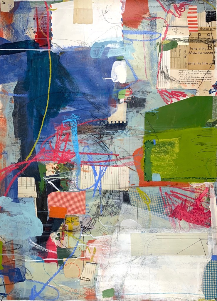Dumping Out The Toy Box, mixed media on paper, 30×40”, 2019